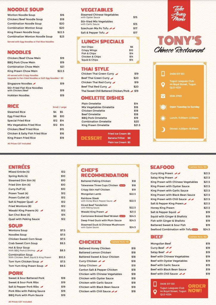 Tony's Chinese Restaurant Menu - Tugun Leagues ClubTugun Leagues Club